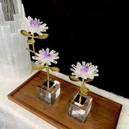 Modern Lux Precious Stone & Metal Flower With Vase Handcraft Table Décor