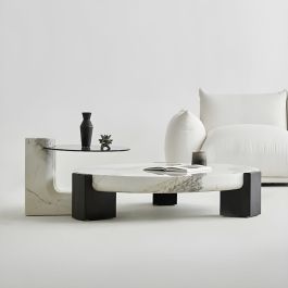 Elegant Round Marble Veneer Coffee Table With Wood Legs Base